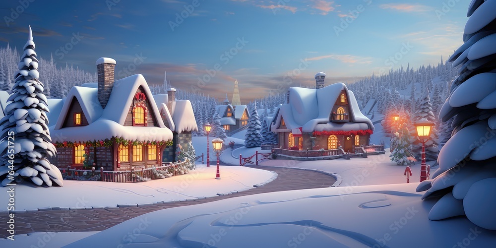 Generative AI 3D rendered winter snow scene cold and serene new for winter 2023. Santa's Village ...