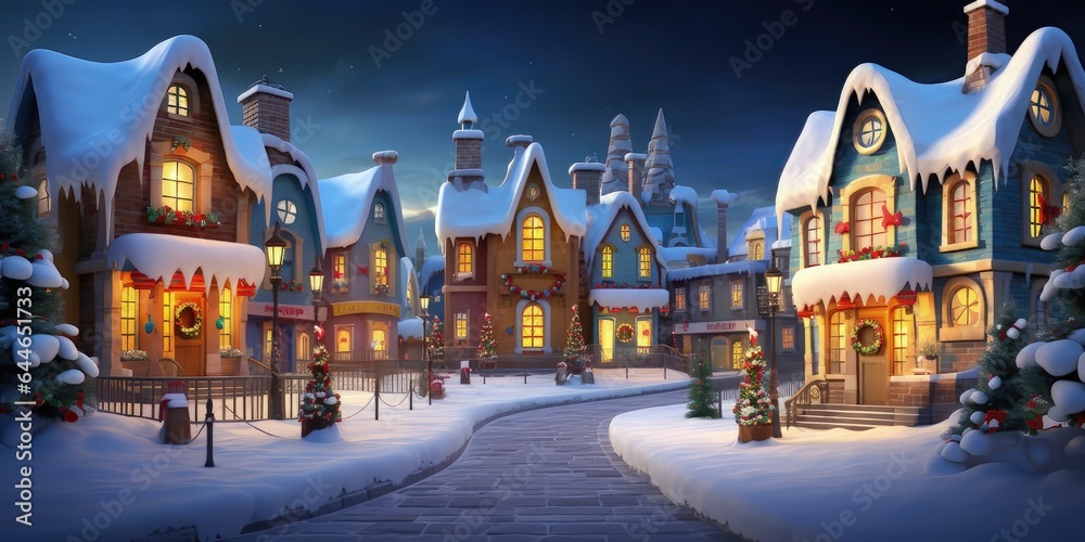 Generative AI 3D rendered winter snow scene cold and serene new for winter 2023. Santa's Village ...