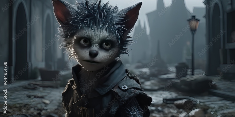 Werewolf transforming from human into wolf in a dark evening with a ...