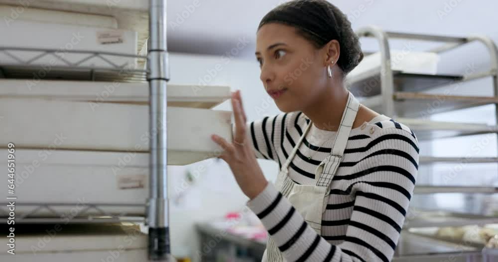 Bakery woman, check shelf and kitchen with thinking with product ...