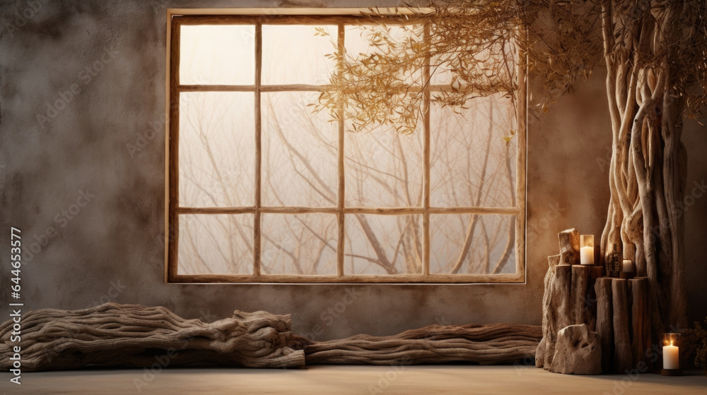 A rustic jungle setting with weathered wooden branches and textured ...