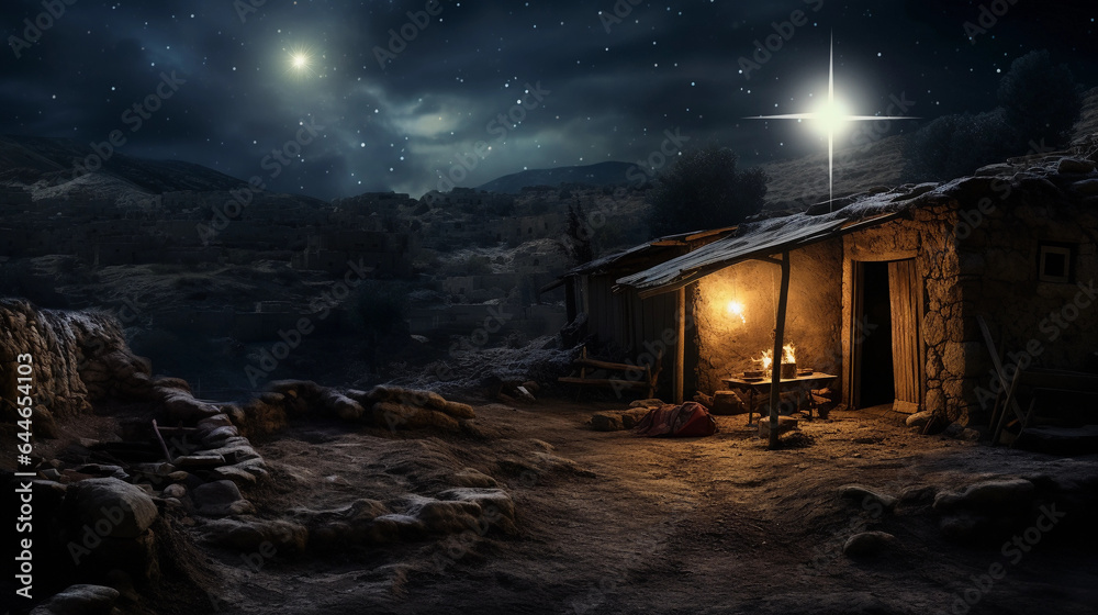 Foto de Jesus born in Bethlehem Barn With Star. Christian Religious ...