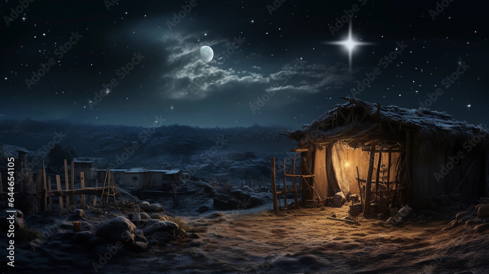 Poster Religious Christmas story of Jesus being born in Bethlehem Shed ...