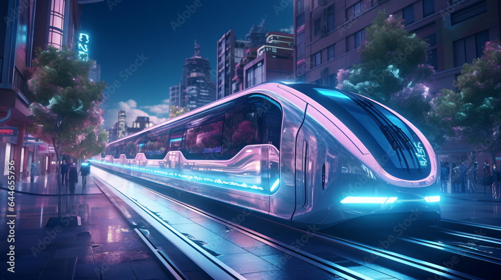City Street with a Maglev (Magnetic Levitation) Train on style of Sci ...