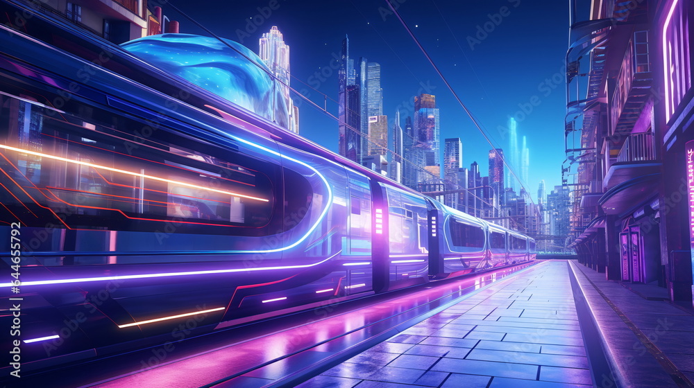 City Street with a Maglev (Magnetic Levitation) Train on style of Sci ...