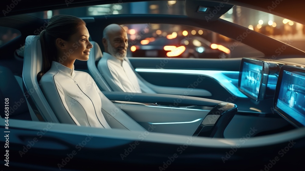 People are ride in a self-driving car controlled by an artificial ...
