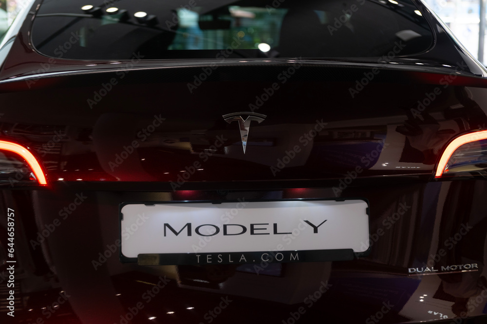 back part of Tesla car model Y in cherry red color with logo in Studio ...