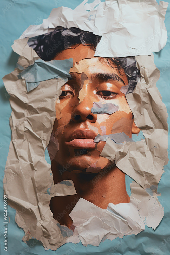 collage of a brown-skinned Mexican young man half hidden by scraps of ...