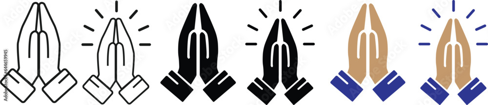 Pray icon set . Hands folded in prayer flat icon collection. Outline ...