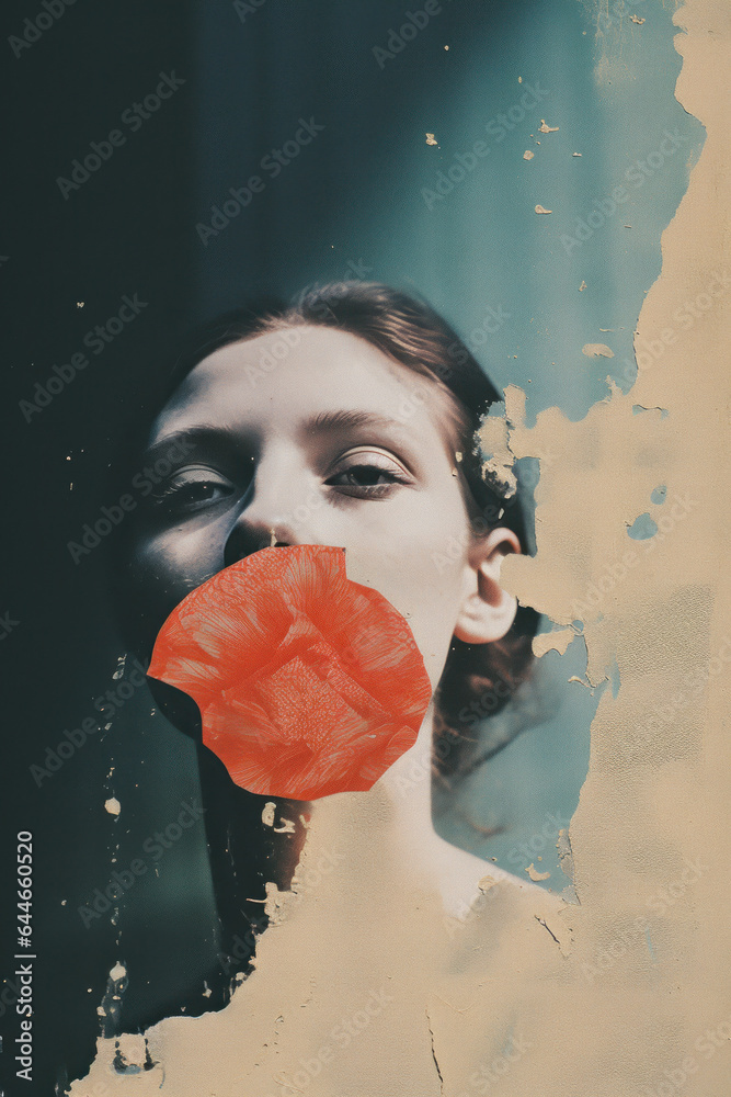 collage/book cover of a young woman silenced/hidden behind paper scraps ...