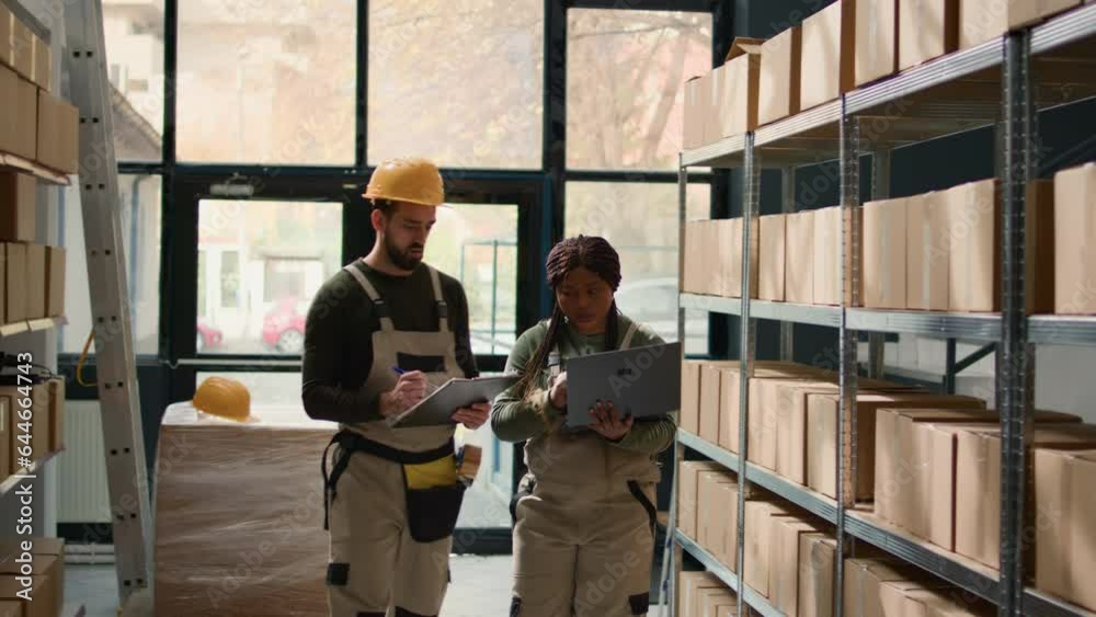 Warehouse chief logistics officer and intern inputing updated products ...