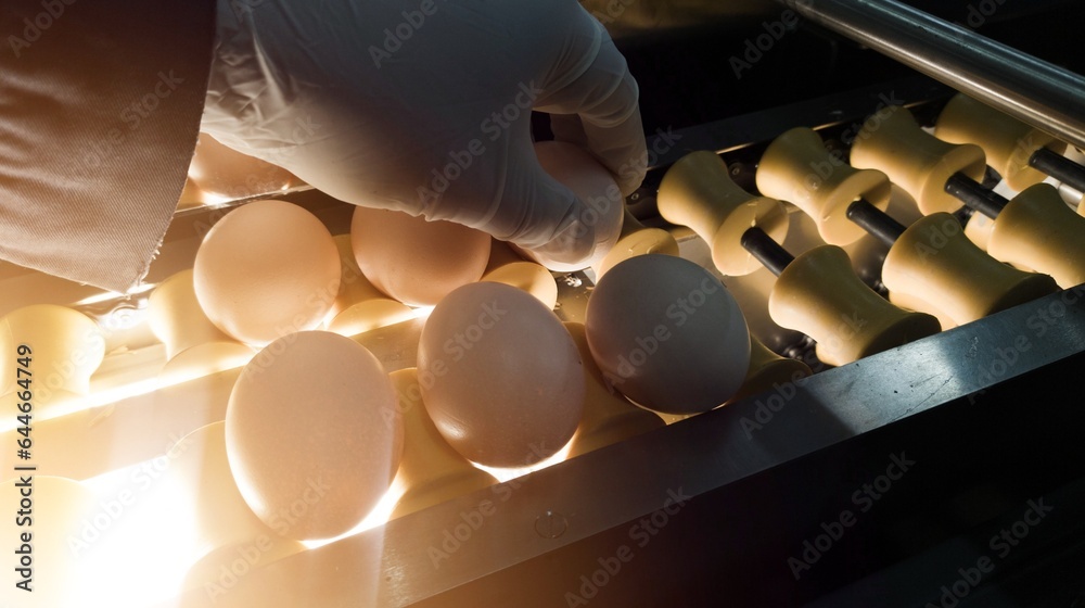 Quality control checks the eggs on the egg weighing machine conveyor ...