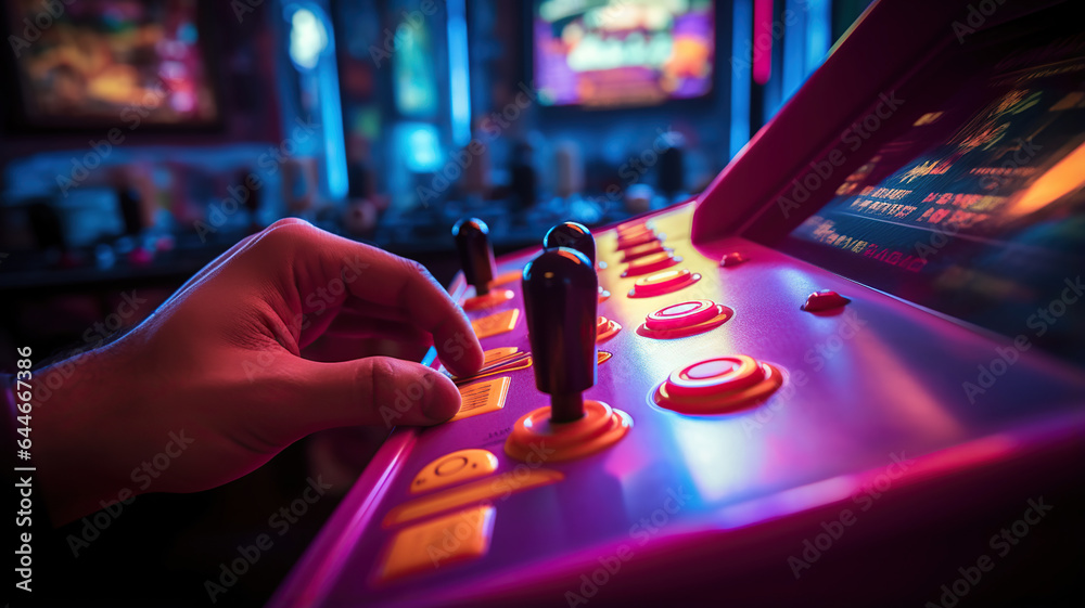 Hands of a player gripping the joystick and buttons on an arcade ...