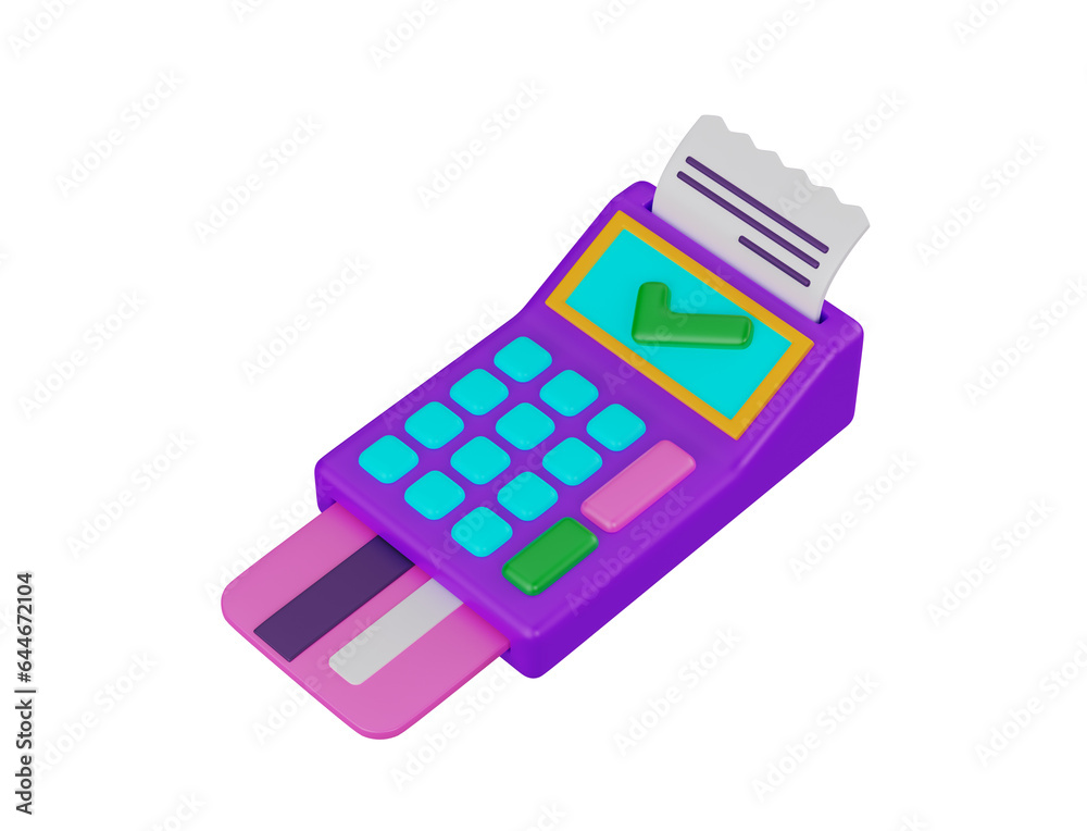 3D cartoon style illustration credit card payment terminal machine with ...
