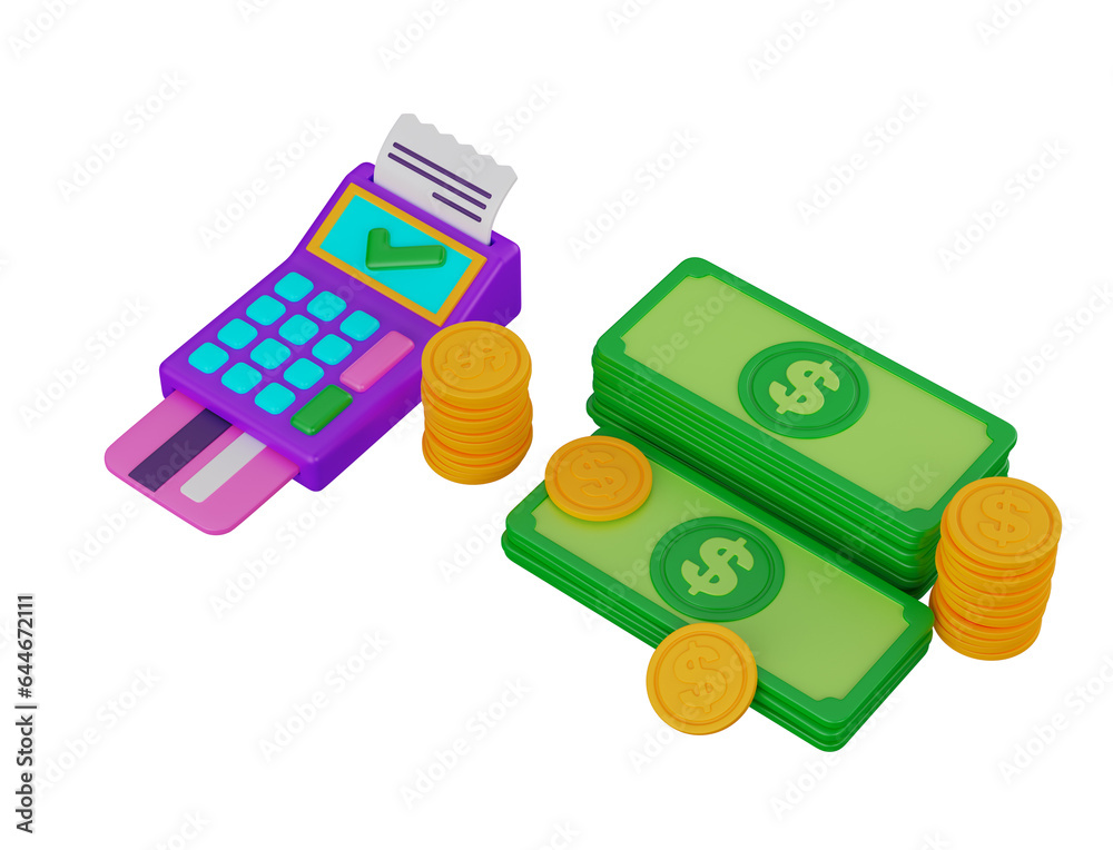 3D cartoon style credit card payment terminal machine with card and ...