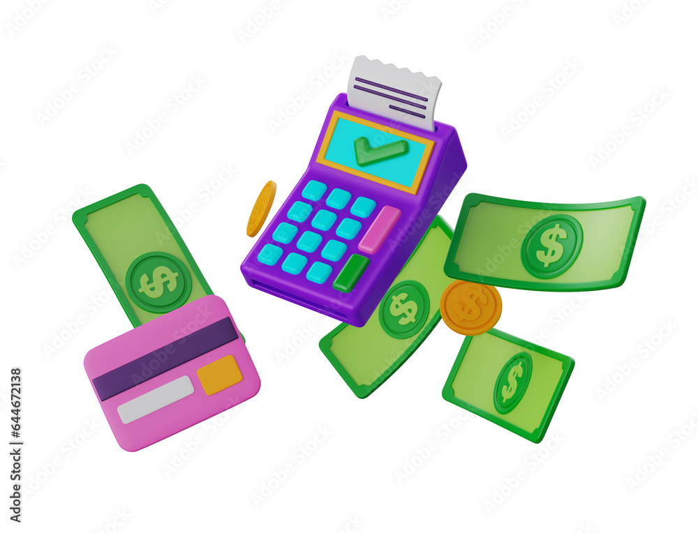 3D cartoon style credit card payment terminal machine with card and ...