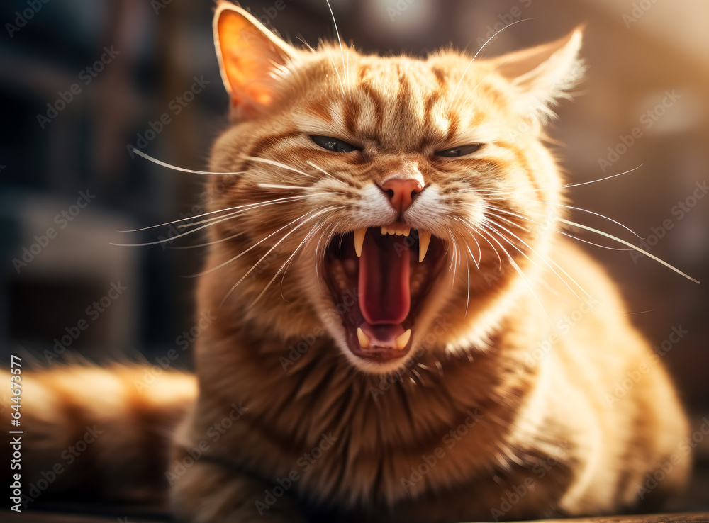 Angry orange cat screaming with its mouth wide open. Angry kitten ...