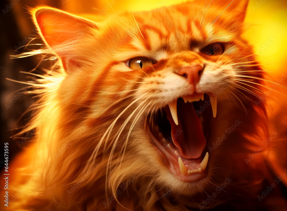 Angry orange cat screaming with its mouth wide open. Angry kitten ...