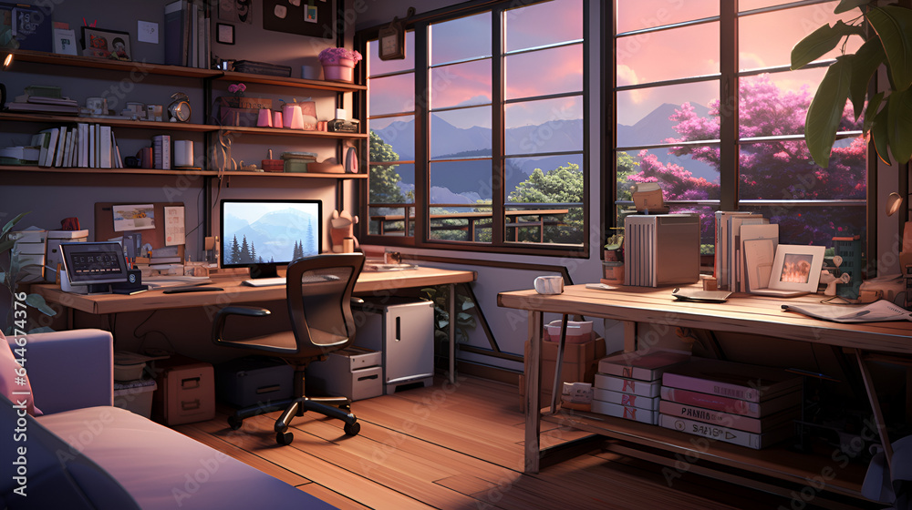 lofi living room with study table, anime style Stock Illustration ...