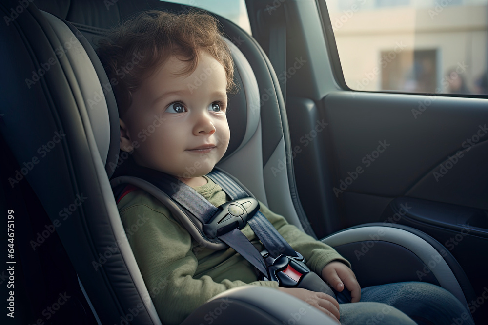 Adorable little girl sitting in the back seat of a car. Child toddler ...