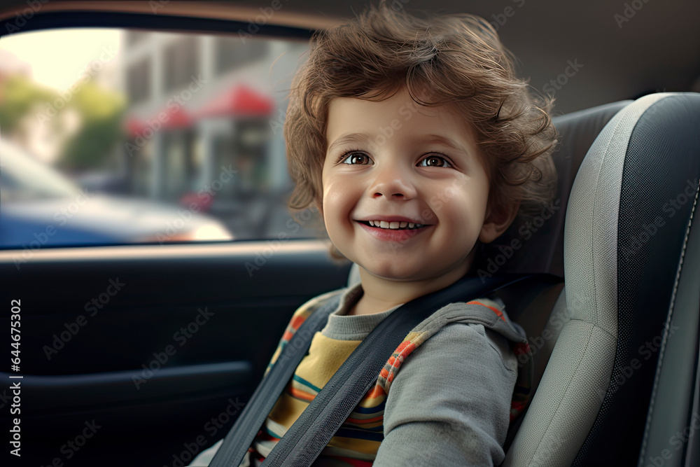 Happy kid in a child car seat wearing a seatbelt while traveling by car ...