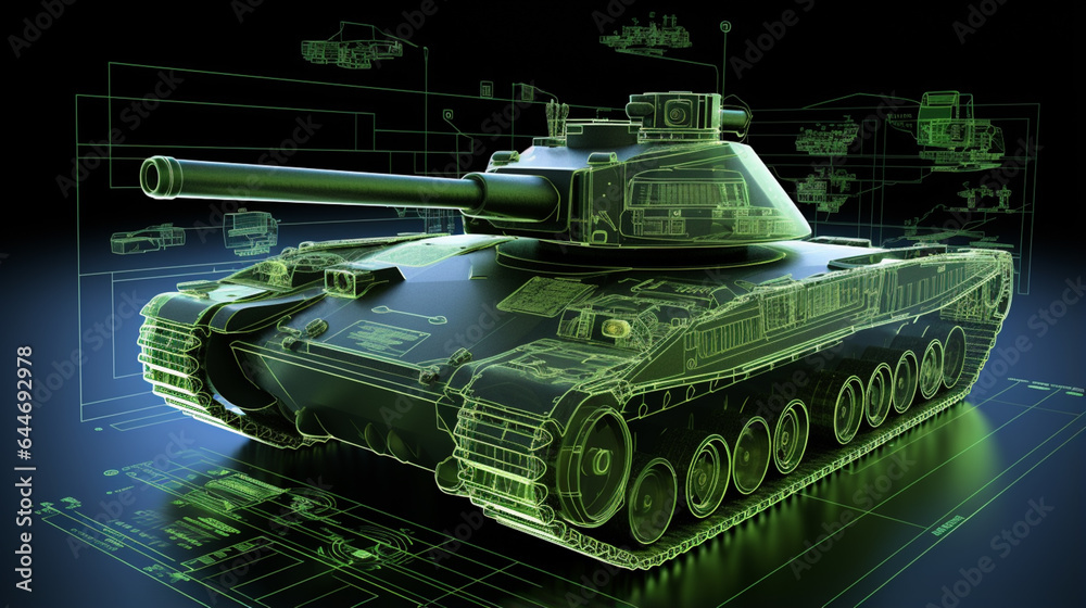 A 3D hologram wireframe of an army tank showcases its rugged ...