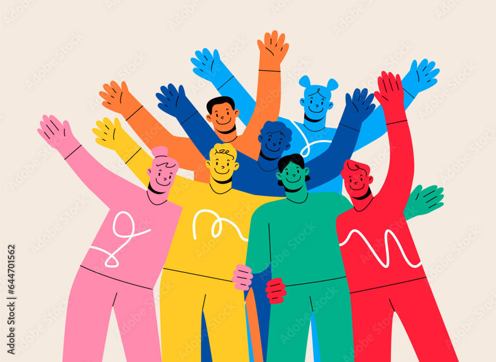 A group of happy people standing together Waving and inviting new ...