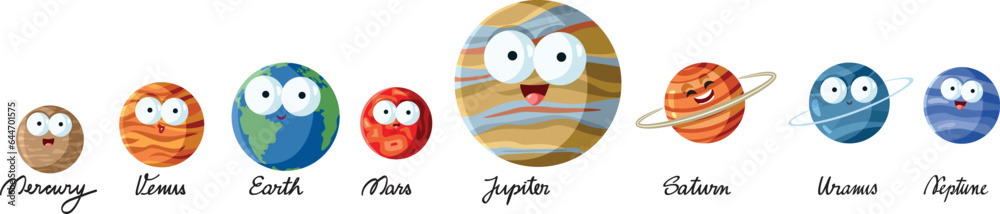 Vector Set of Funny Planets in Cartoon Style Design Icons. Every planet ...