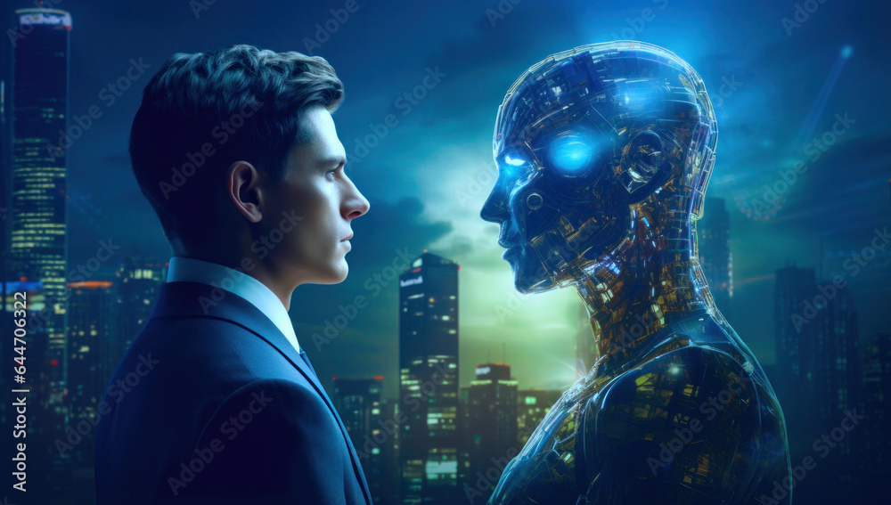 Businessman and artificial intelligence. Exploring the boundaries of the future with human ...