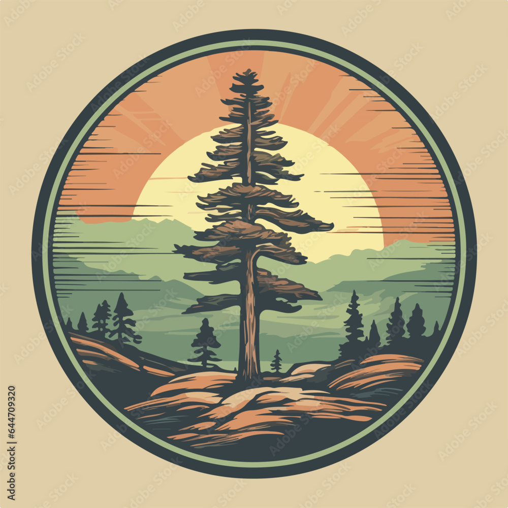 vintage retro pine tree in forefront with forest mountain scene logo ...