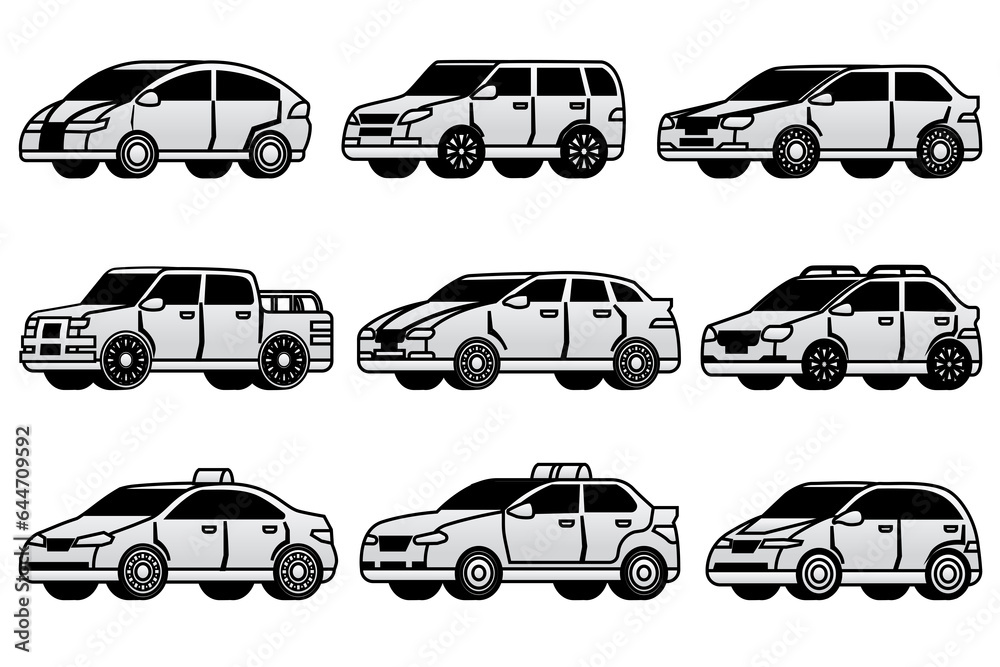 Different type cars collection. Automobile illustration set with black ...