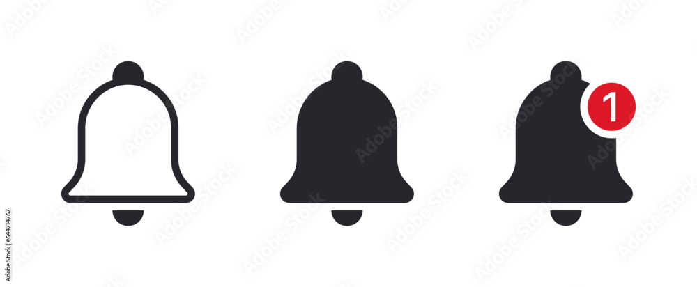Notification bell icon set, incoming inbox message sign alarm symbol ...