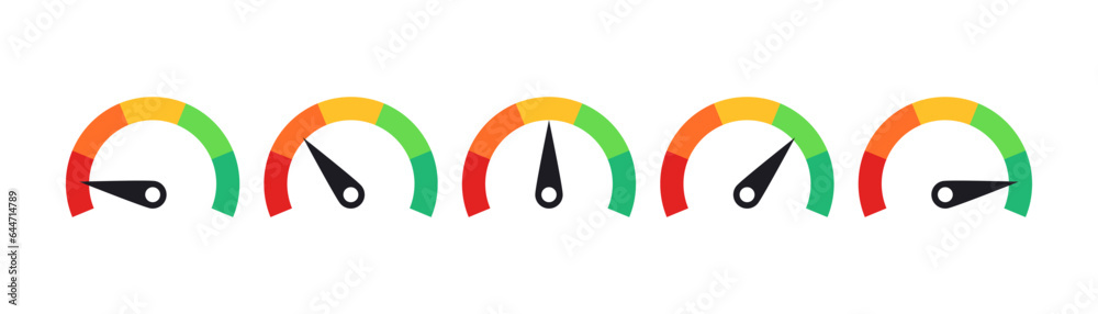 Speedometer icons set. Scale speed in flat style, Performance indicator ...