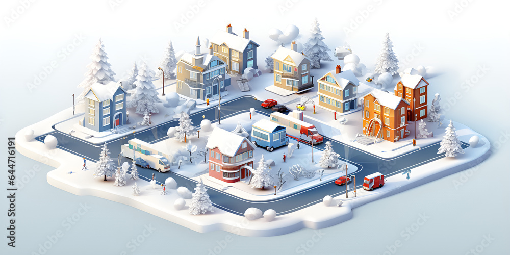3d rendering of low poly isometric city in the winter. Town building ... 3d rendering of low poly isometric city in the winter. Town building ...