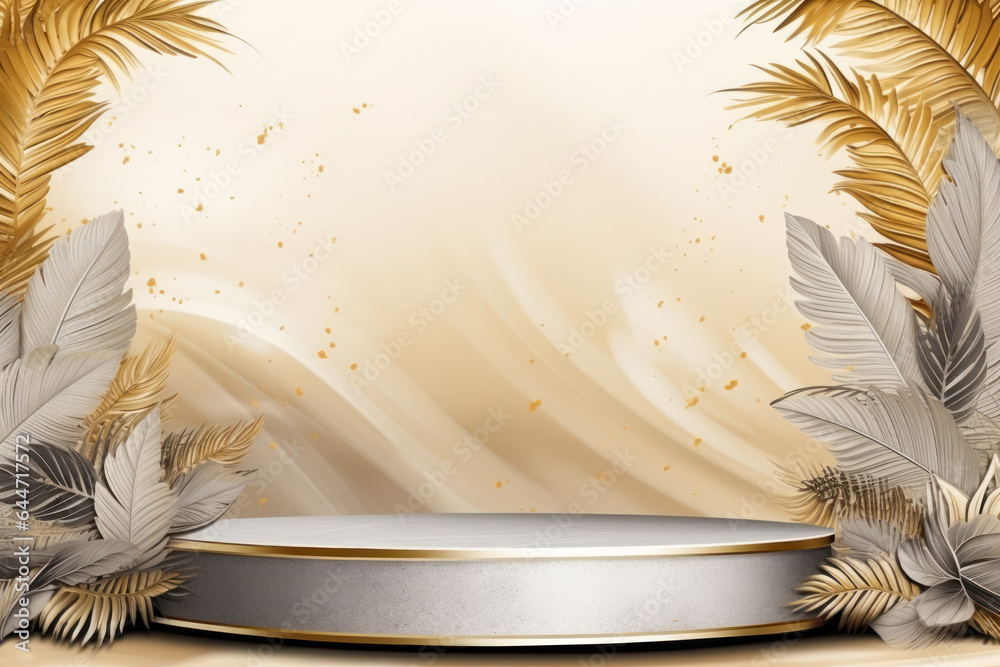 Shining in elegance. Silver podium adorned with gold leaves on a ...