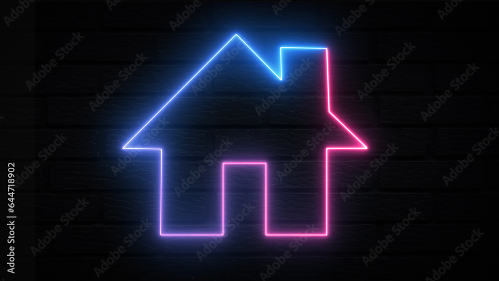 Glowing purple and blue neon home icons, shiny symbols, and a glowing ...