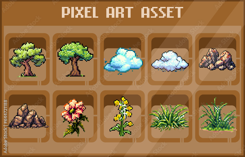 pixel art design vector nature game assets 2d 8bit retro landscape ...