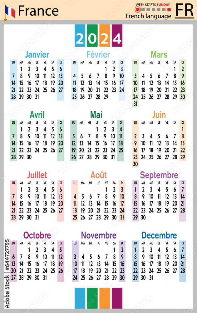 French vertical pocket calendar for 2024. Week starts Sunday Stock ...