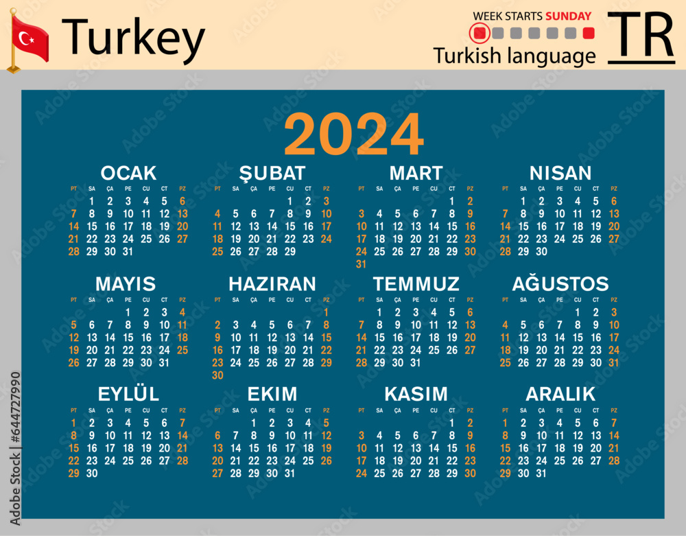 Turkish horizontal pocket calendar for 2024. Week starts Sunday Stock ...