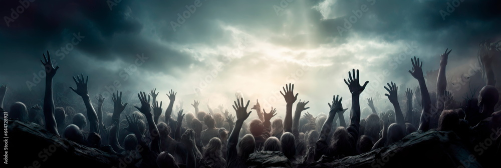 Zombie Apocalypse creepy zombies emerging from graves, hands reaching ...