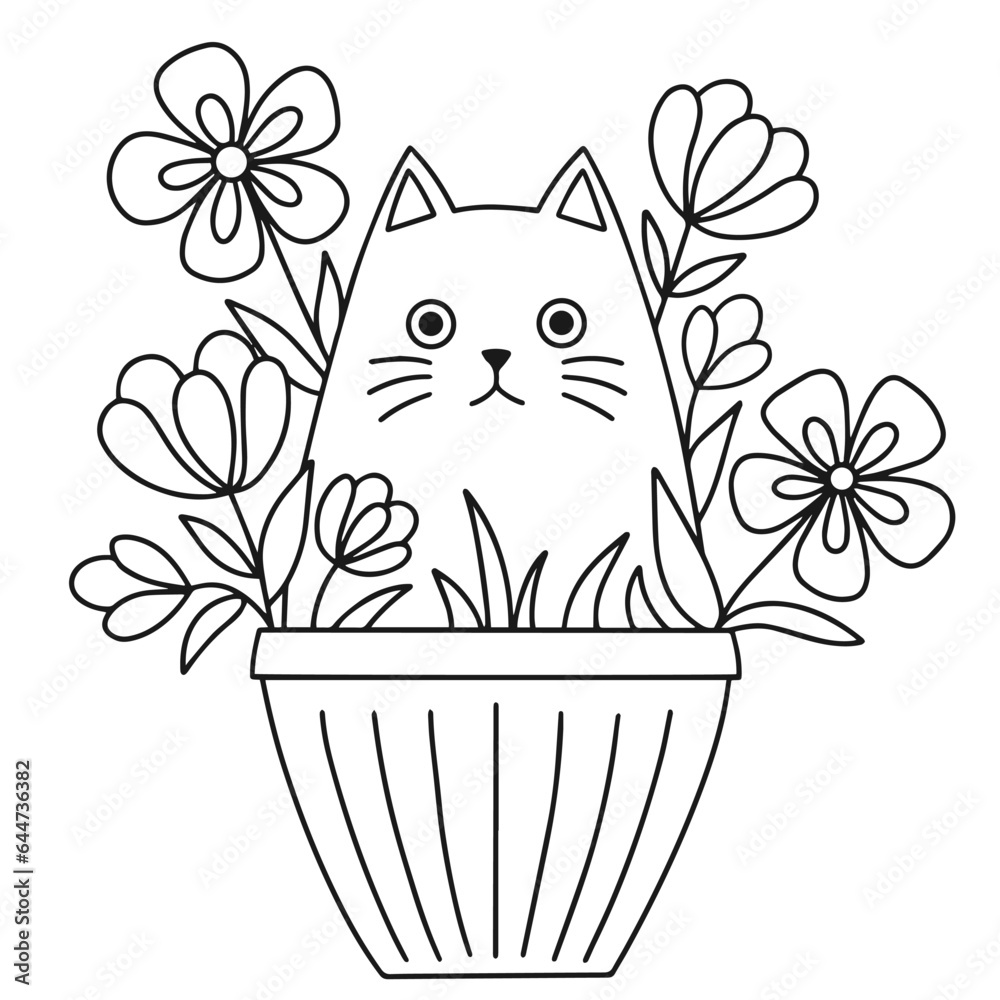 Cat and indoor flower, line drawing. Stylized character for coloring ...