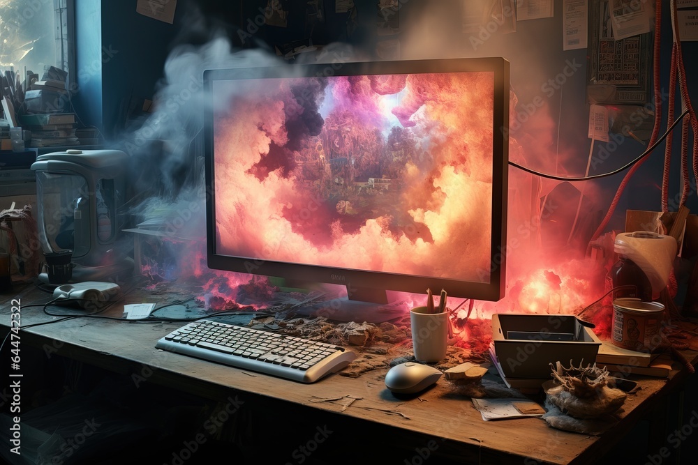 Dangerous situation computer on fire. Breakdown of equipment from hard ...
