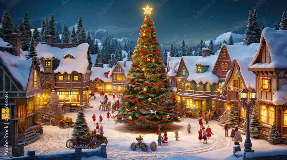 Idyllic Christmas village with decorated tree and people on small ...