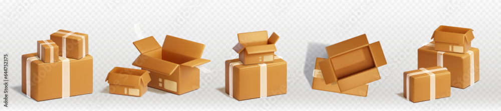 Cardboard boxes in piles for delivery and storage of goods. 3d render ...