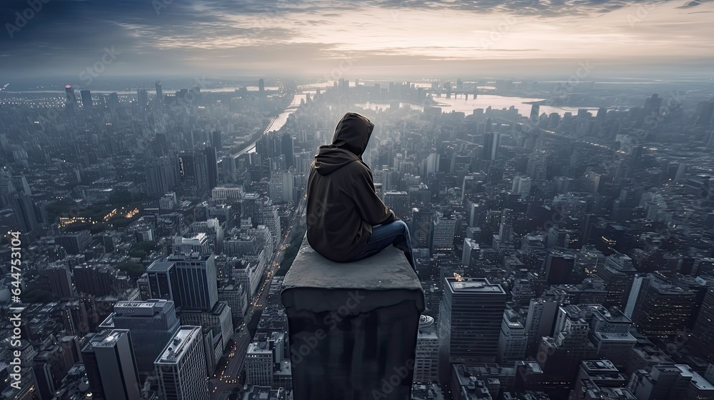 Man sitting on a ledge of a skyscraper high building personal crisis ...