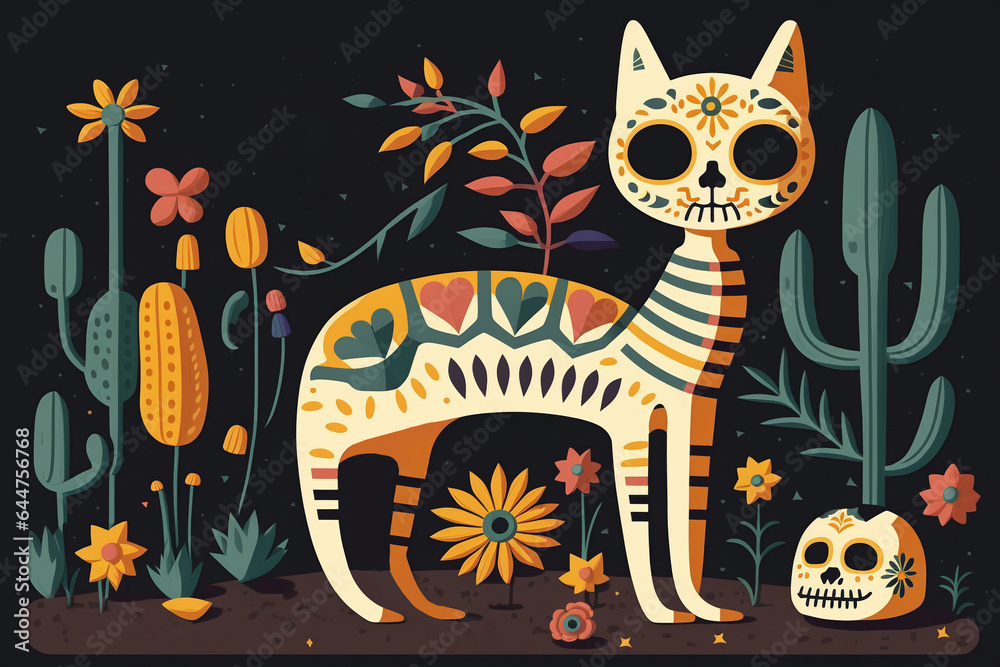Calavera cat. Cat sugar skull in floral ornament. Clip art for Dia de ...