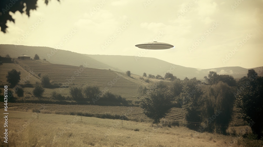 Generative AI, UFO over the Italian landscape vintage photo, aliens ...