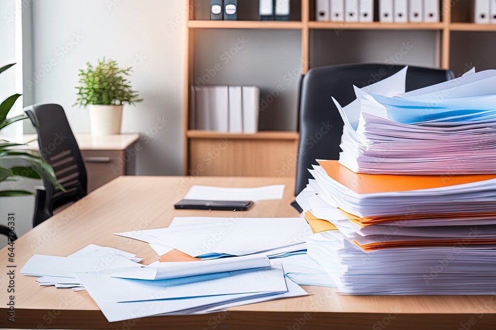 stack of paper documents and documents on office table in office ...