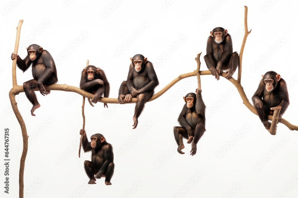 Chimpanzee monkey sitting on a branch isolated on white background ...