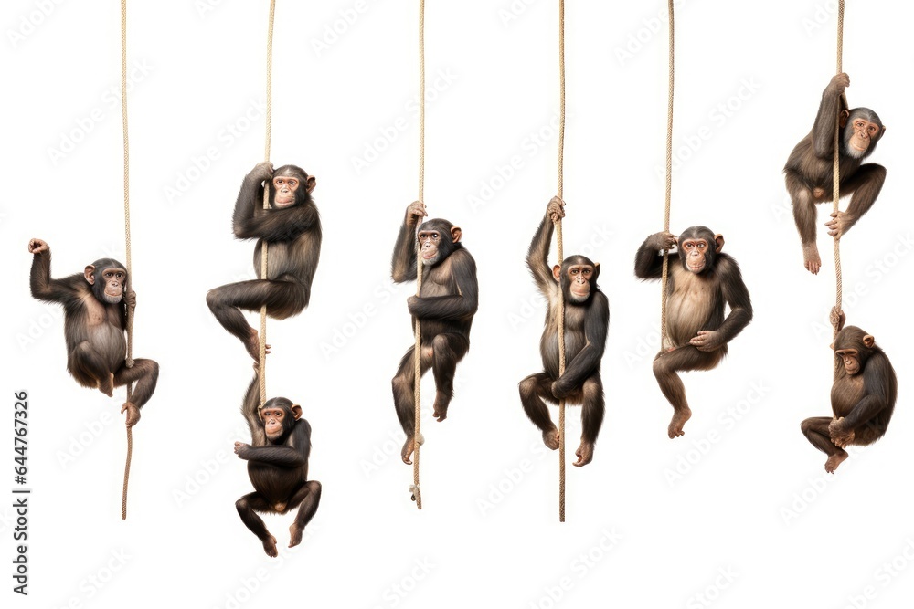 Chimpanzee monkeys hanging on a rope isolated on white background ...